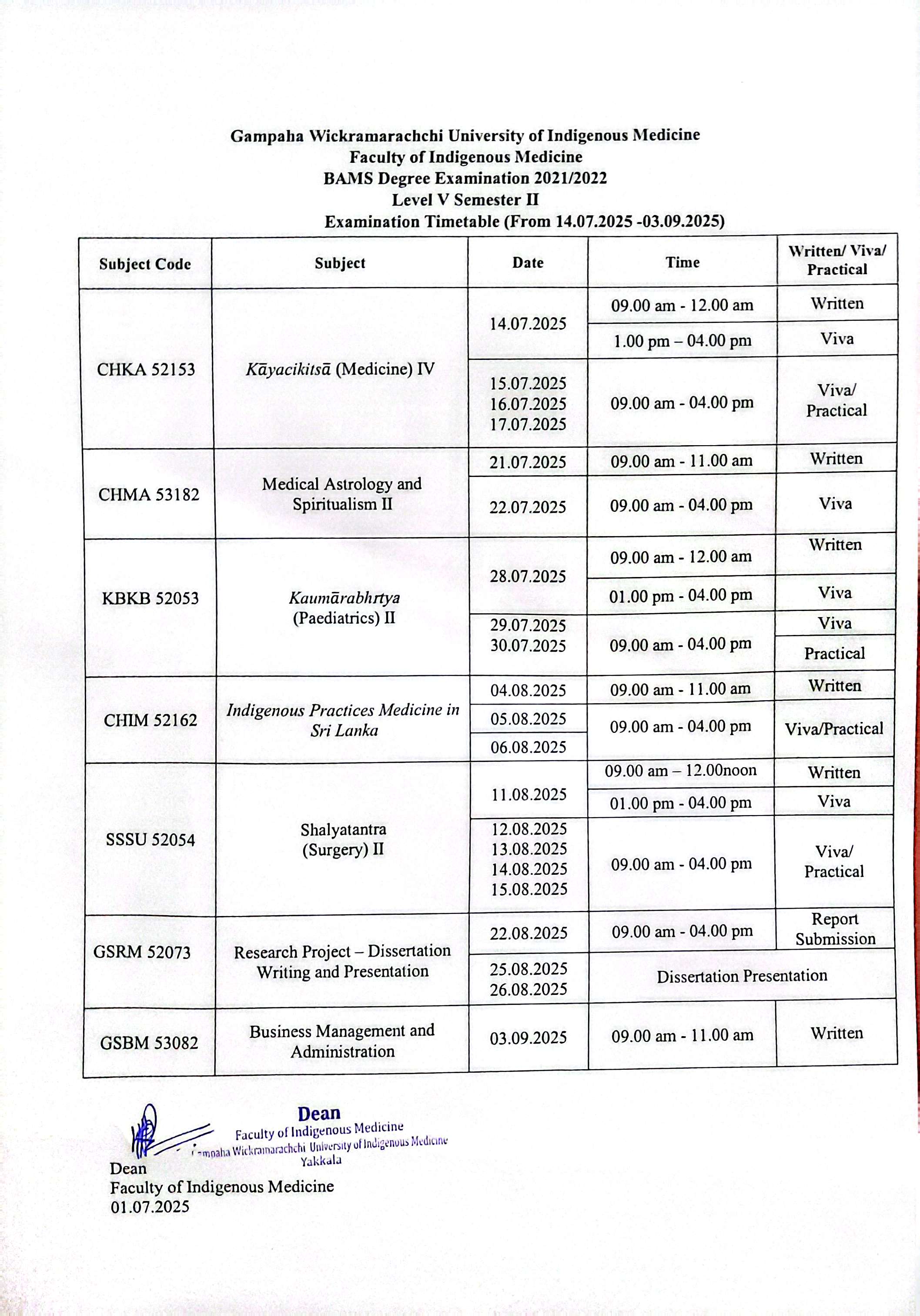 FIM- GWUIM: Level V Semester II - Exam Time Table
